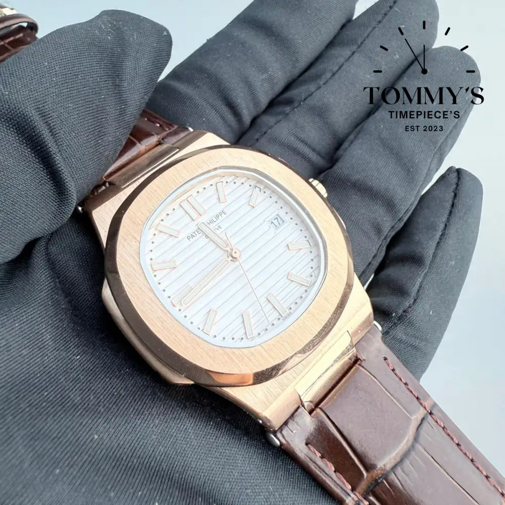 AAA+ Nautilus Rose Gold White Dial 40mm Leather Strap – Tommys Timepieces
